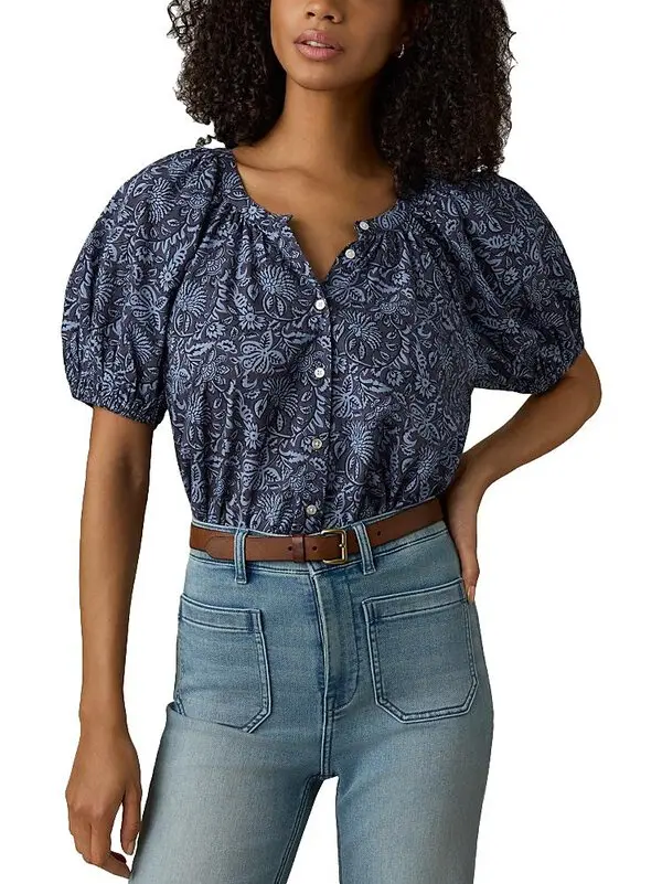 Faherty Brand Voile Lettie Top Puff Sleeve Button-up Shirt - Blue Moon Petals