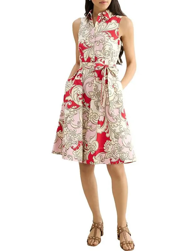 HOBBS LONDON Sleeveless Collared Printed Midi Dress With Belt - Red Multi