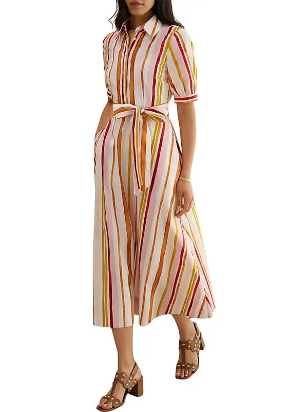 HOBBS LONDON Belted Striped Shirt Dress - Ivory Multi