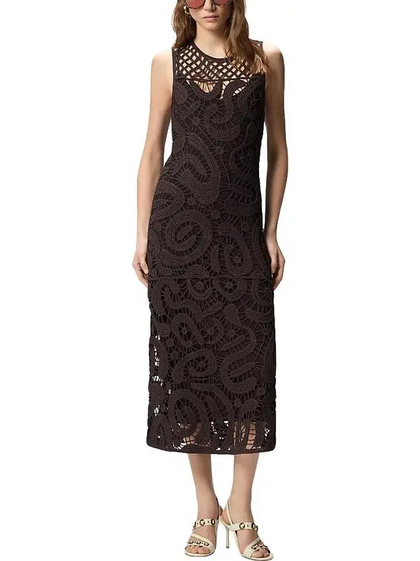 Pinko Bufera Geometric Crochet Midi Dress - Java Brown
