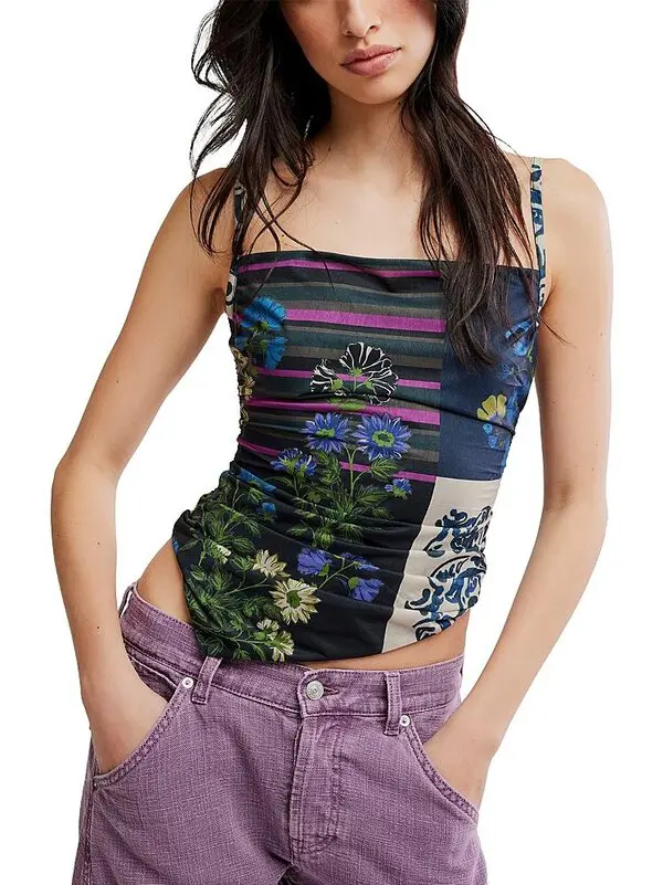 Free People Estella Ruched Printed Tank Top - Midnight