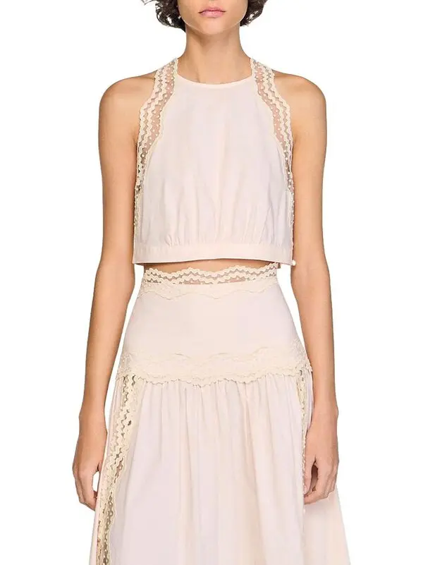 Sandro Cotton Crop Top With Lace Trim - Light Pink