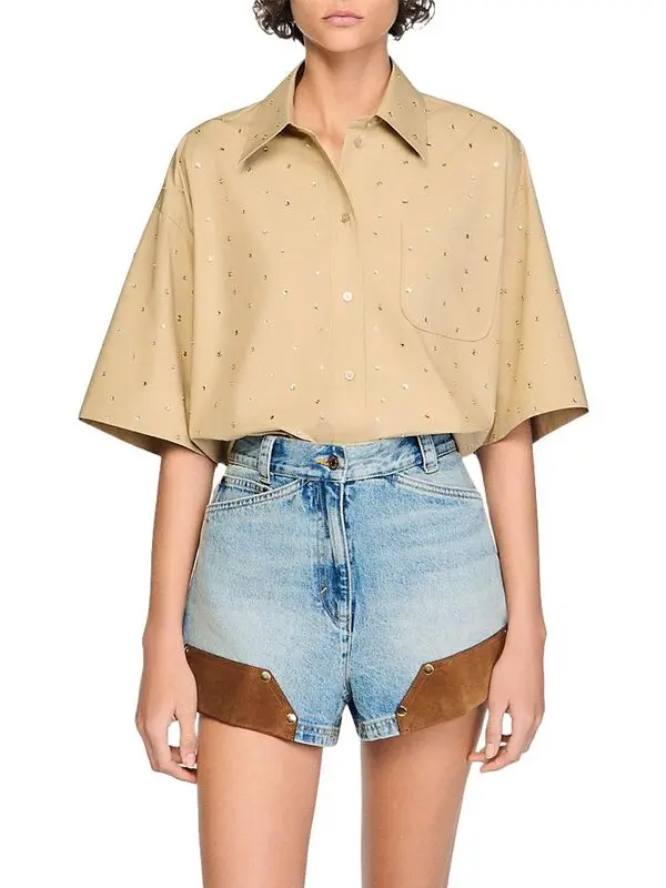 Sandro Embellished Cotton Shirt - Beige
