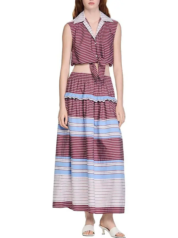 Sandro Striped Cotton Cropped Shirt - Burgundy