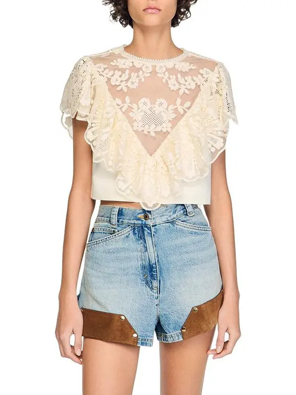 Sandro Floral Guipure Lace Cropped Top - Vanilla