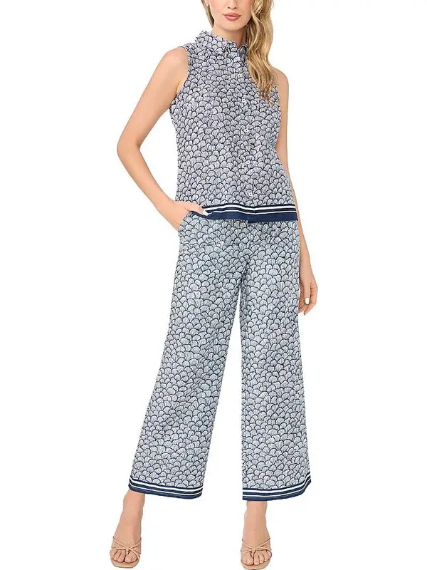 CECE DUPRAZ Fan-shaped Print" Wide Leg Pull-on Pants - Classic Navy