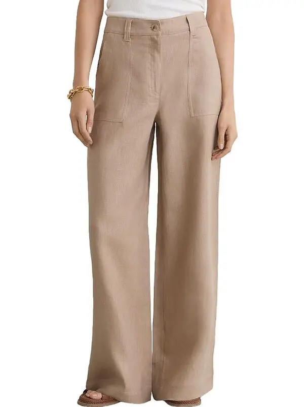 REISS Ashby Linen Wide Leg Pants - Neutral