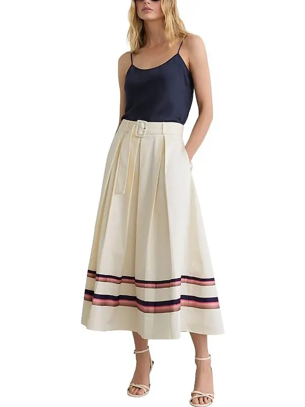 REISS Rian Midi Skirt With Striped Hem - Cream