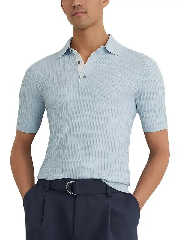 REISS Era Short Sleeve Textured Sweater Polo - Soft Blue