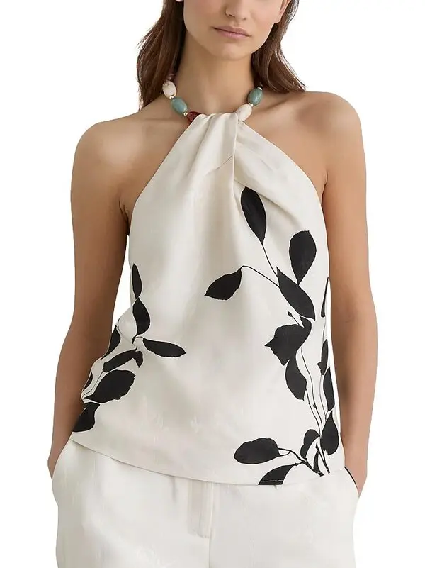 REISS Delilah Jacquard Halter Top With Leaf Print - Ivory/black