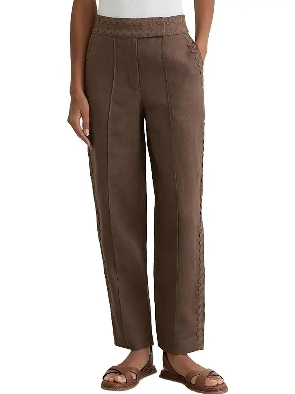 REISS Mila Tapered Linen Trousers - Brown