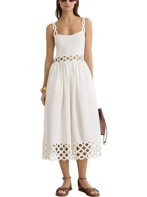 REISS Rita Knit Woven Midi Dress - Ivory