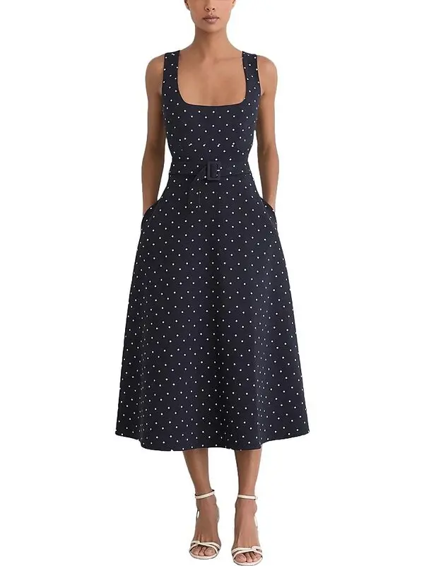REISS Structured Polka Dot Belted Midi Dress - Navy