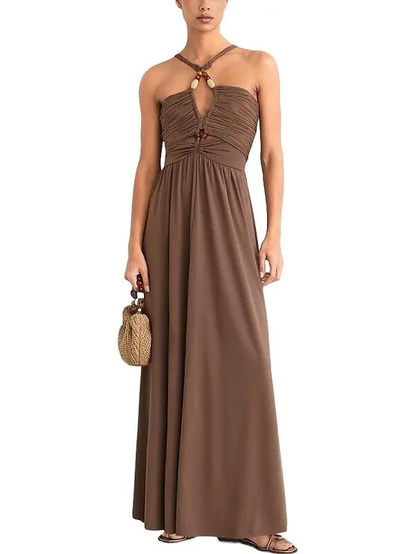REISS Elodie Beaded Jersey Maxi Dress - Taupe Brown