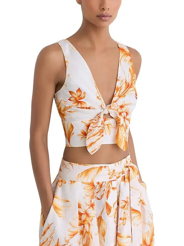 REISS Milly Floral Print Linen Top - Ivory/orange