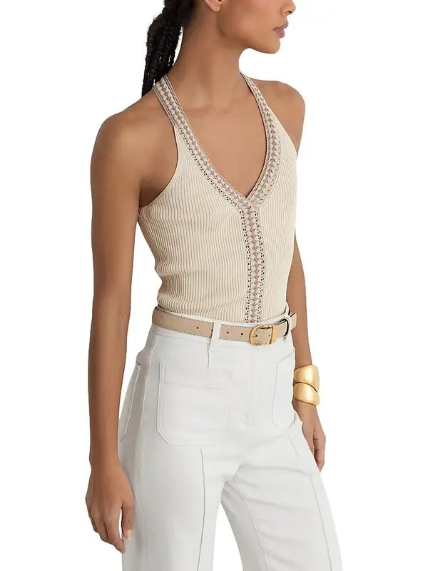 REISS Nora Ribbed Halter Neck Top With Braided Trim - Neutral