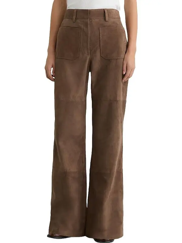 REISS Priya Flare Leg Suede Pants - Taupe Neutral
