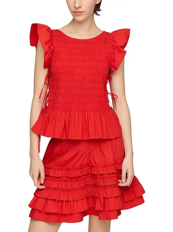 GANNI Stretch Cotton Smocked Top - Goji Berry