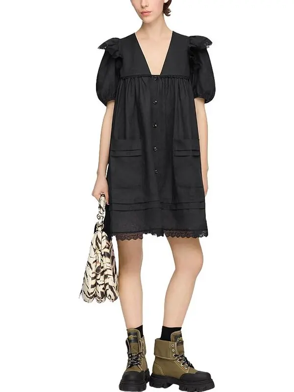 GANNI Linen Mini Dress - Black