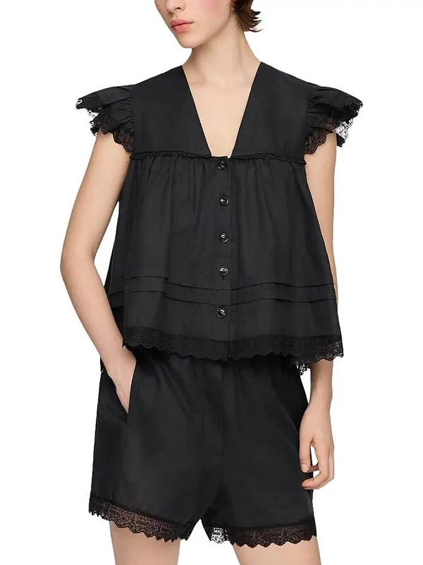 GANNI Linen Lace Trim Blouse - Black