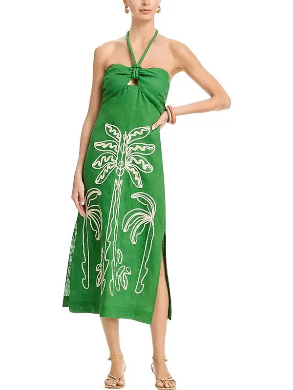 Farm Rio Linen Embroidered Halter Dress - Green