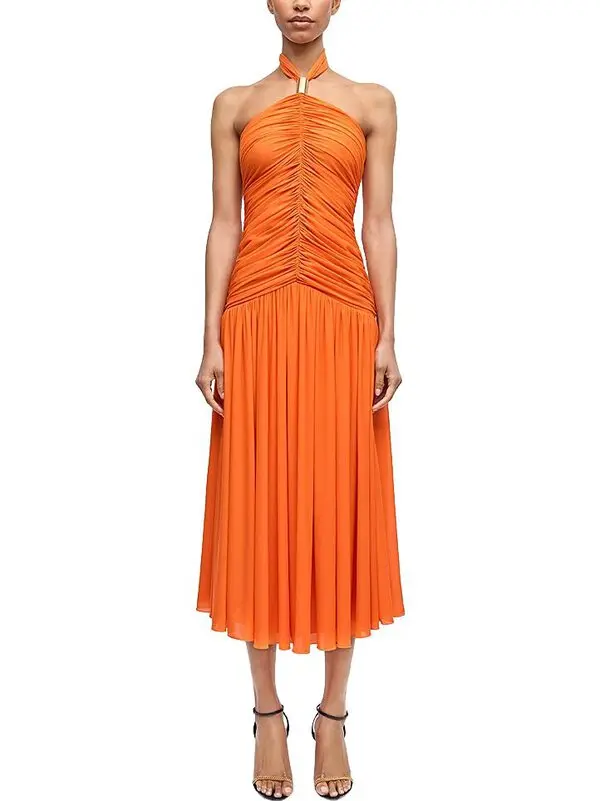 Ronny Kobo Halterneck Ruched Midi Dress - Clementine