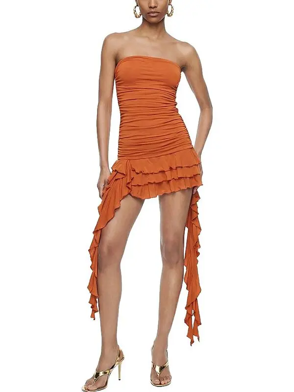 Ronny Kobo Ginara Mini Dress Ruched Strapless Ruffled Skirt - Apricot