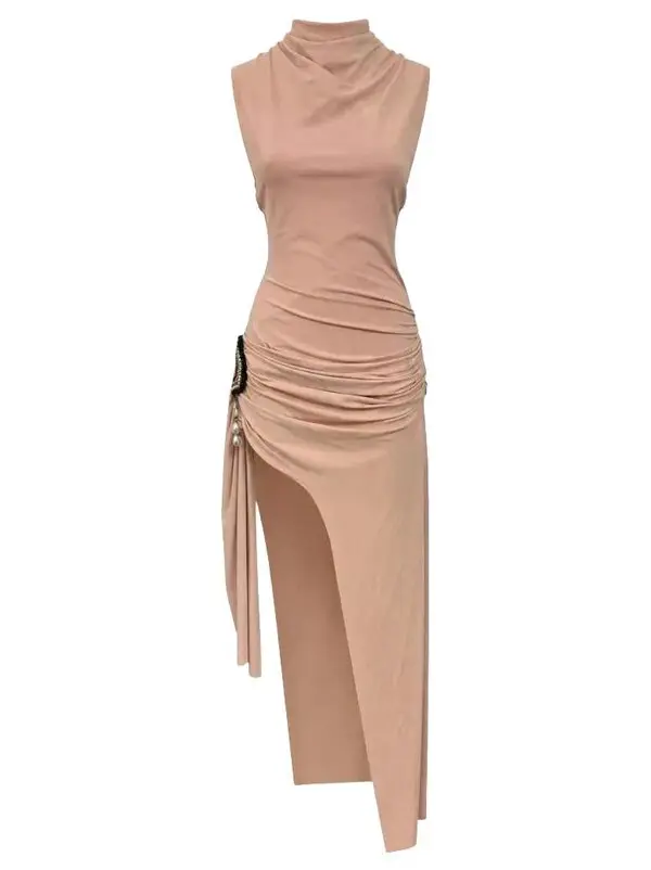 Amen Asymmetrical Maxi Dress With Faux Pearl Embellishment - Neutrals