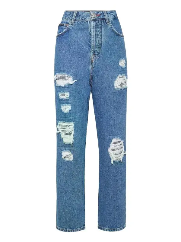 Philipp Plein Distressed Crystal-embellished Jeans - Blue