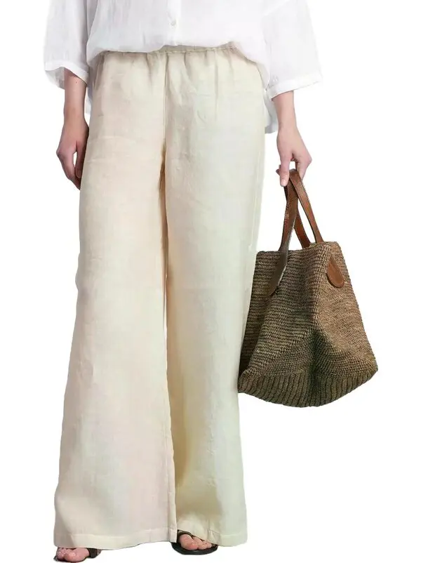 120% Lino Elasticated Waist Side Slit Palazzo Pants - Neutrals