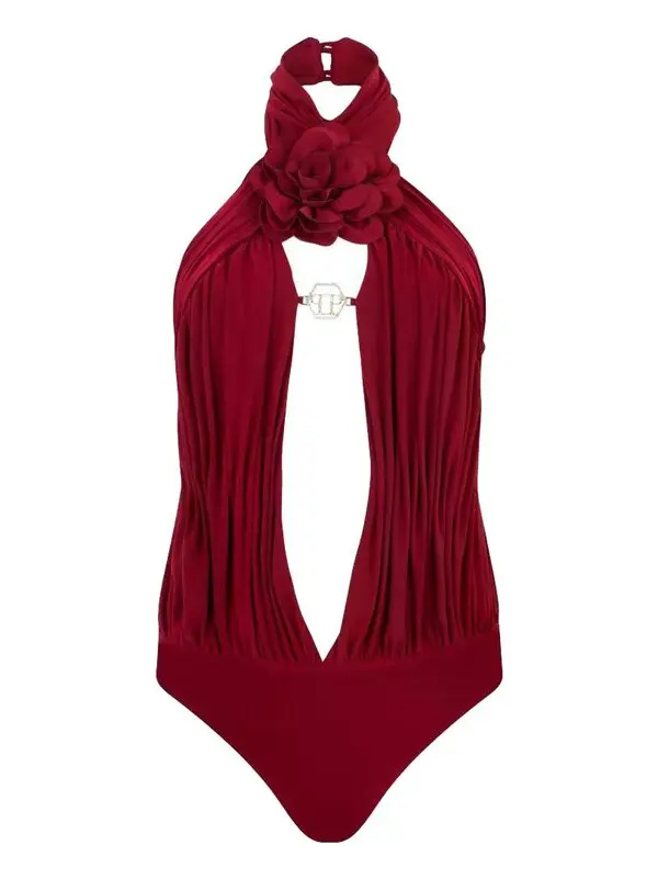 Philipp Plein Burgundy Halterneck Bodysuit With Flower Appliqué And Cut-out Detailing - Red