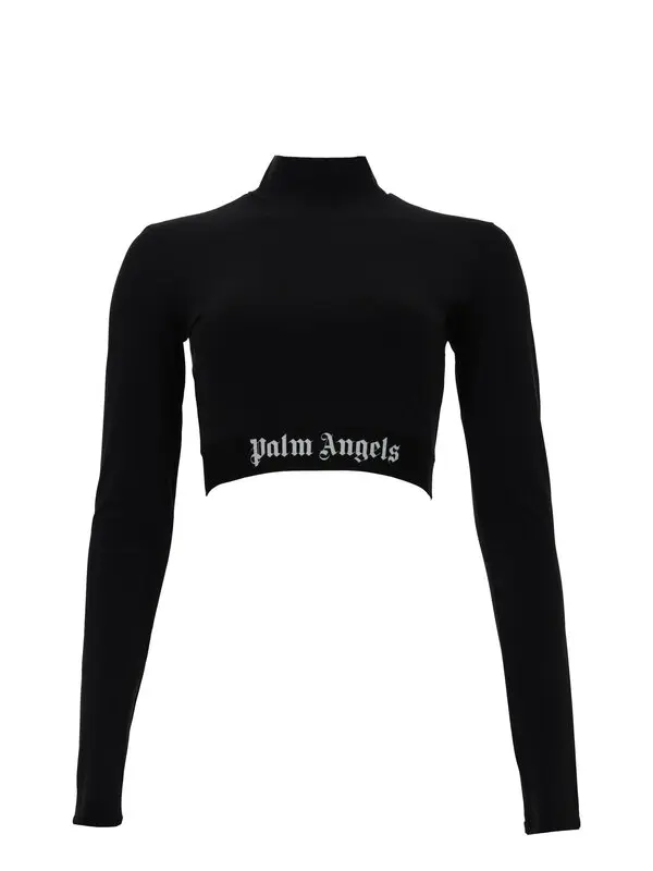 Palm Angels Cropped High Neck Long Sleeve Top With Logo Band - Black