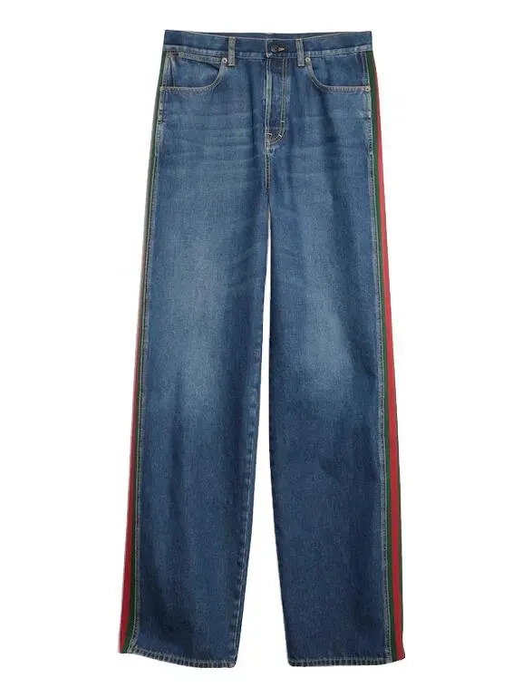 Gucci Cotton Denim Pants With Web Insert - Blue
