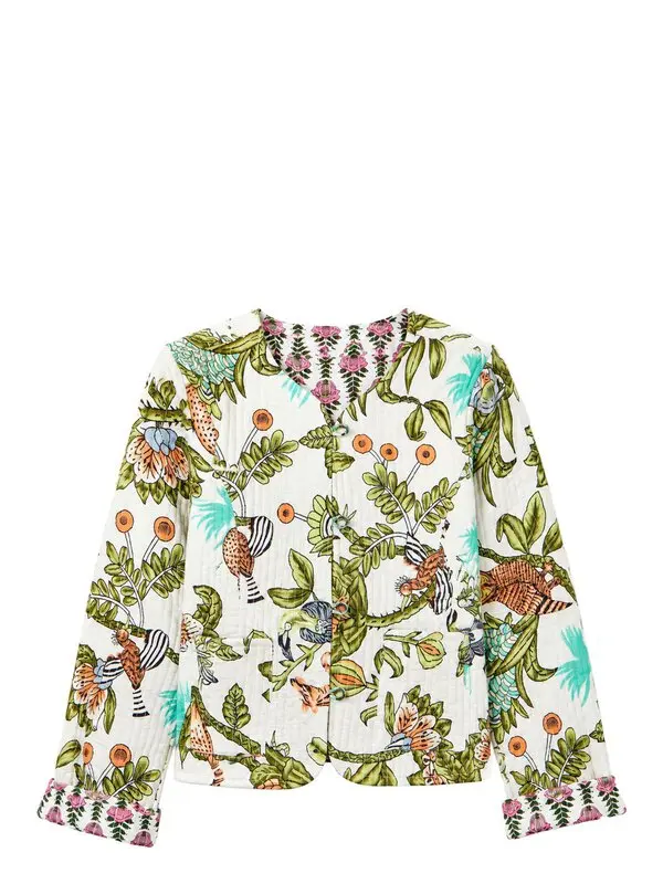 YUMI Botanical Print Reversible Cotton Quilted Jacket - White