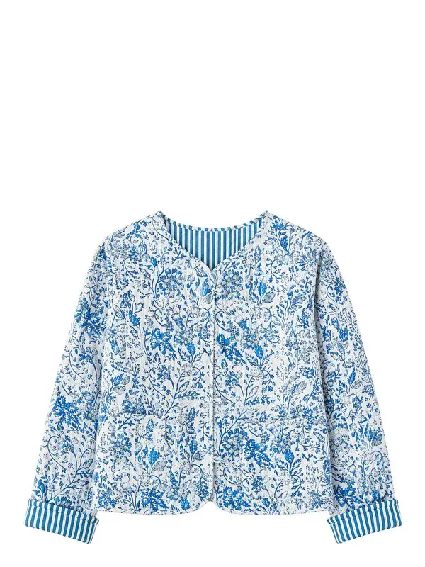 YUMI Quilted Floral Print Cropped Jacket - Blue