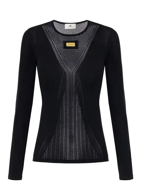 Elisabetta Franchi Open-knit Crewneck Long-sleeve T-shirt - Black