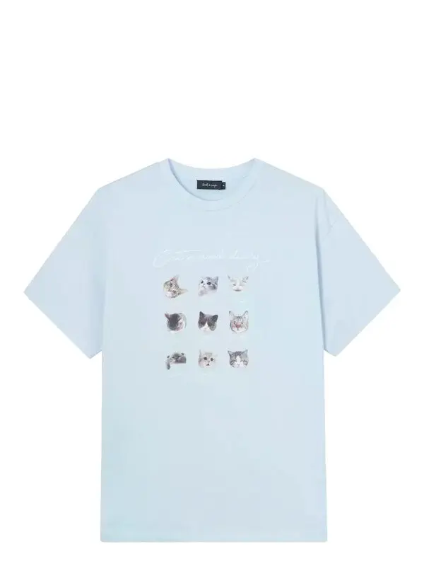 TOUT A COUP Cotton Cat Print T-shirt - Blue