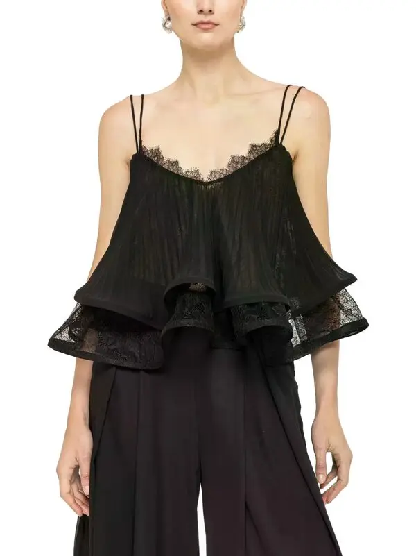 NISSA Pleated Lace-trim Blouse - Black