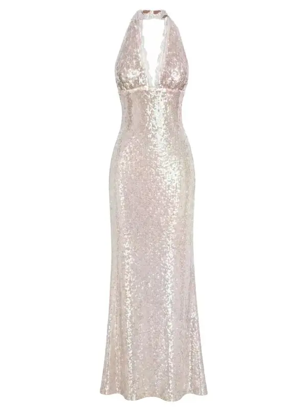 MANURI Sequin-embellished Lace-trim Halterneck Dress - Neutrals