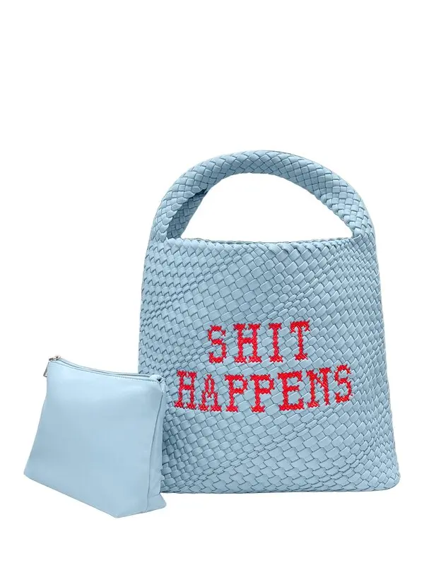 LILLY LOVES Embroidered Woven Bucket Bag With Detachable Pouch - Blue