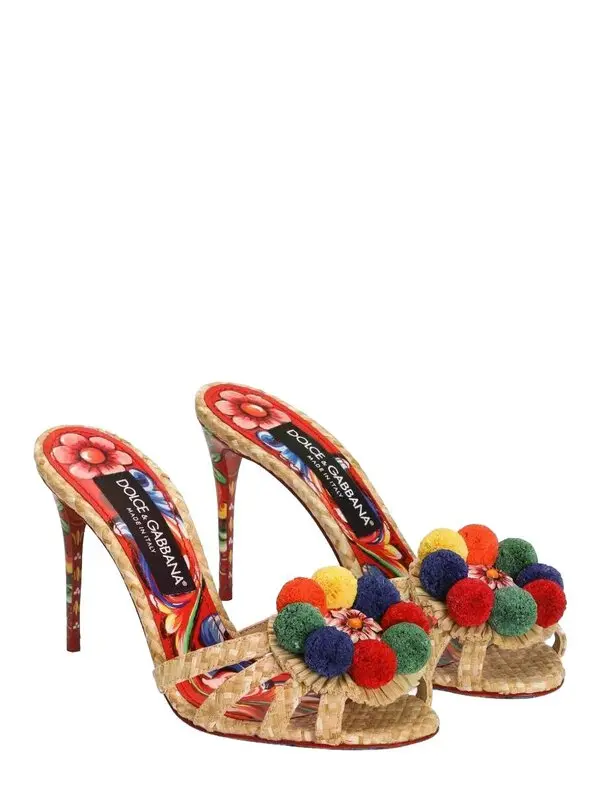 Dolce & Gabbana Raffia Embroidered High Heel Mules - Neutrals