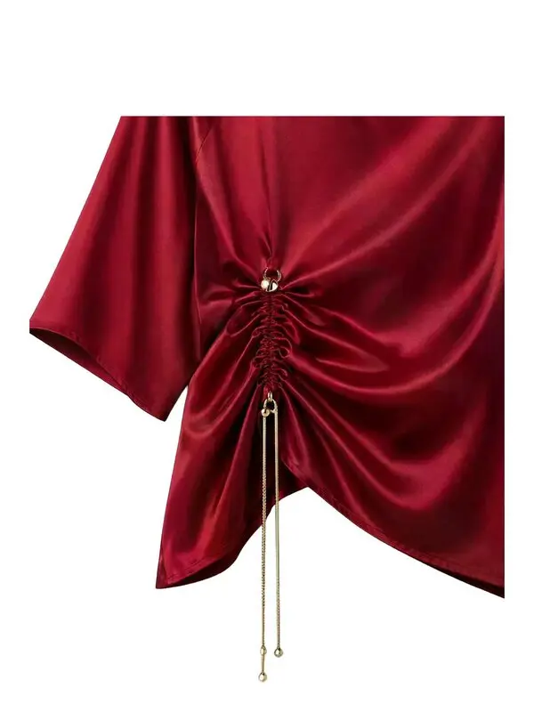 DANAMÉ Ruched Satin Blouse With Gold-tone Chain Hardware - Red