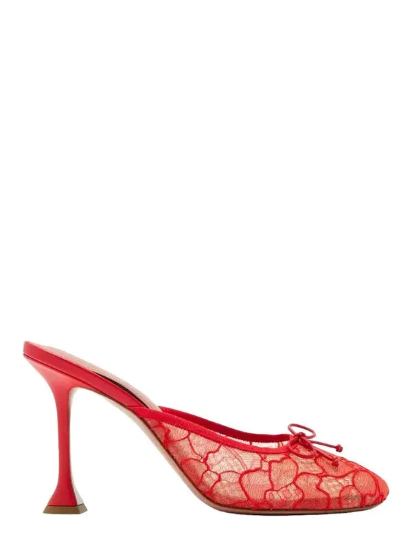 Amina Muaddi Lila Lace Overlay Bow Detail Mules - Red