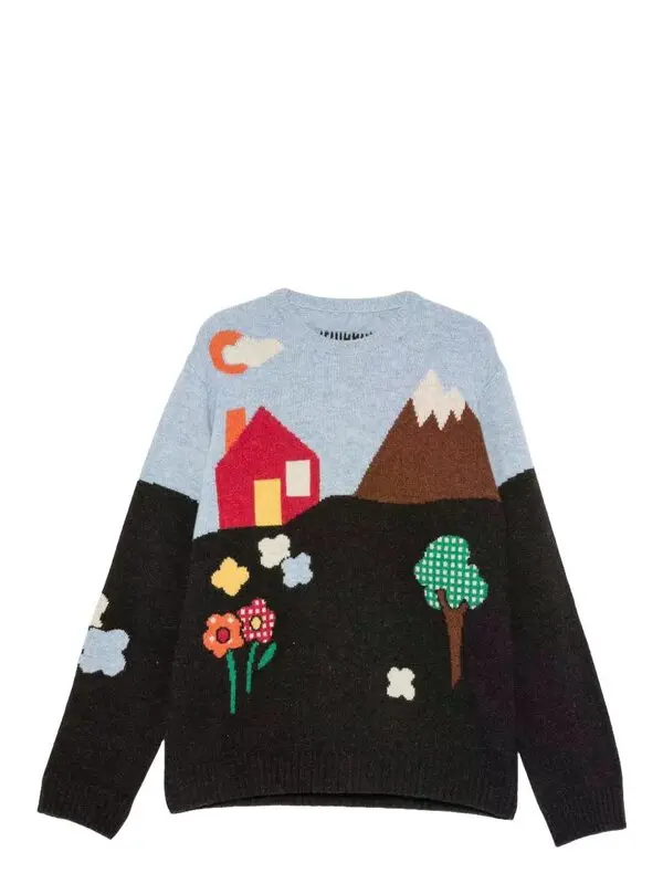 Moschino Intarsia Knit Landscape Motif Sweater - Blue