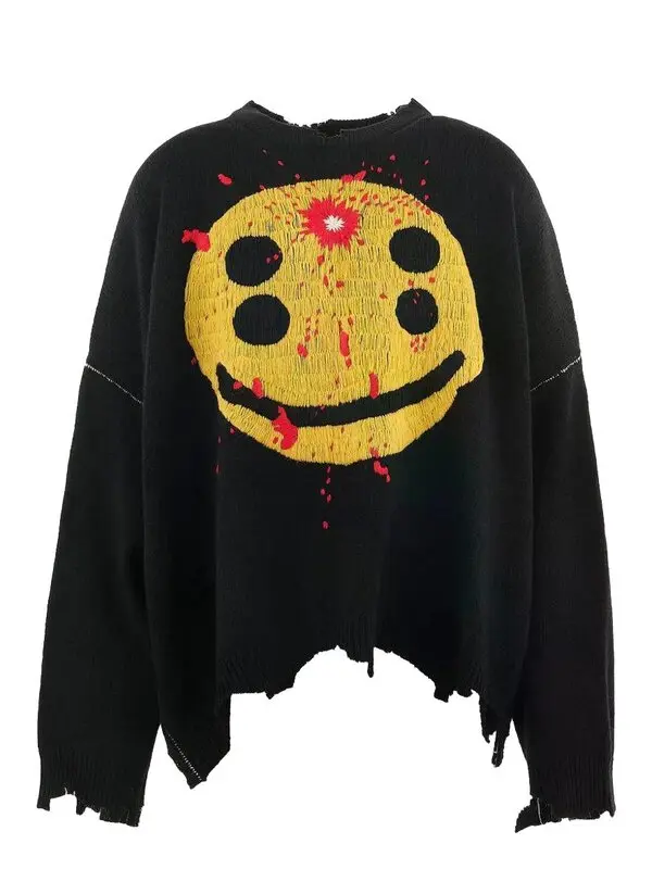 SAINT MXXXXXX Distressed Graphic Intarsia Sweater - Black