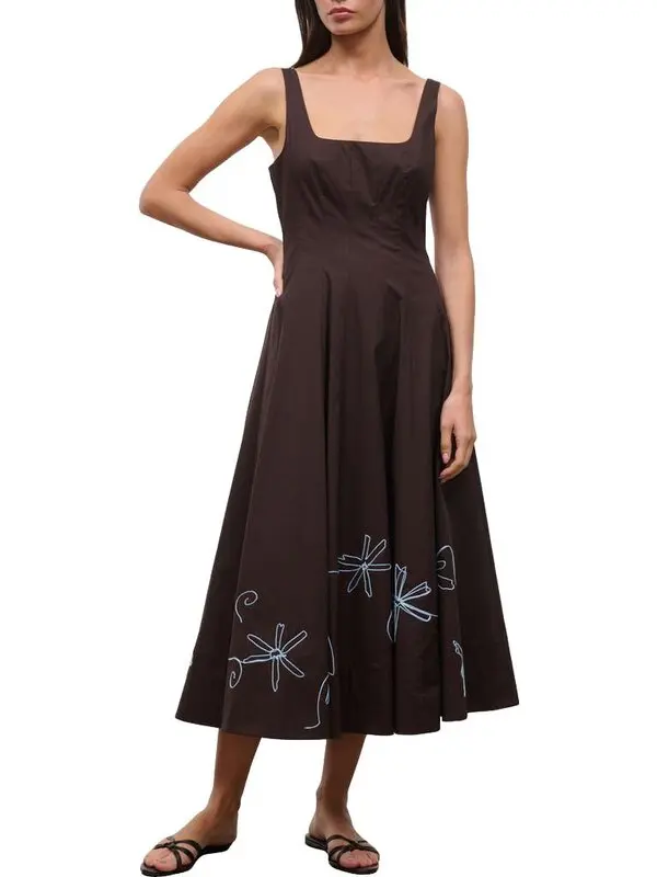 Staud Wells Floral Stitch A-line Midi Dress - Earth/clarity Embroidery