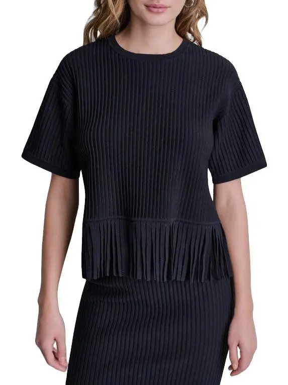 Dkny Ribbed Fringe Crewneck Sweater - Black