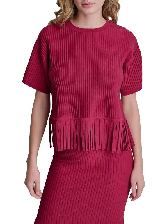 Dkny Ribbed Fringe Crewneck Sweater - Rhythm Red