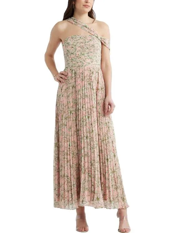 Chelsea28 Floral Pleated One-shoulder Maxi Dress - Pink Green Emma Floral