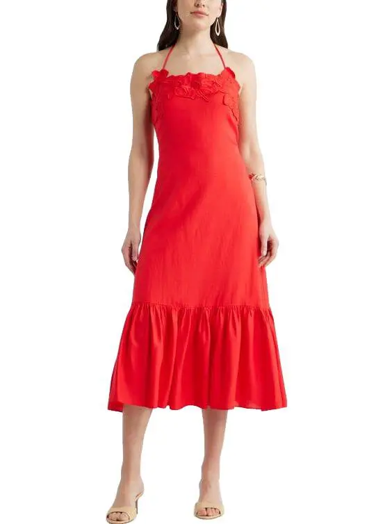 Chelsea28 Appliqué Tie Halter Midi Dress - Red